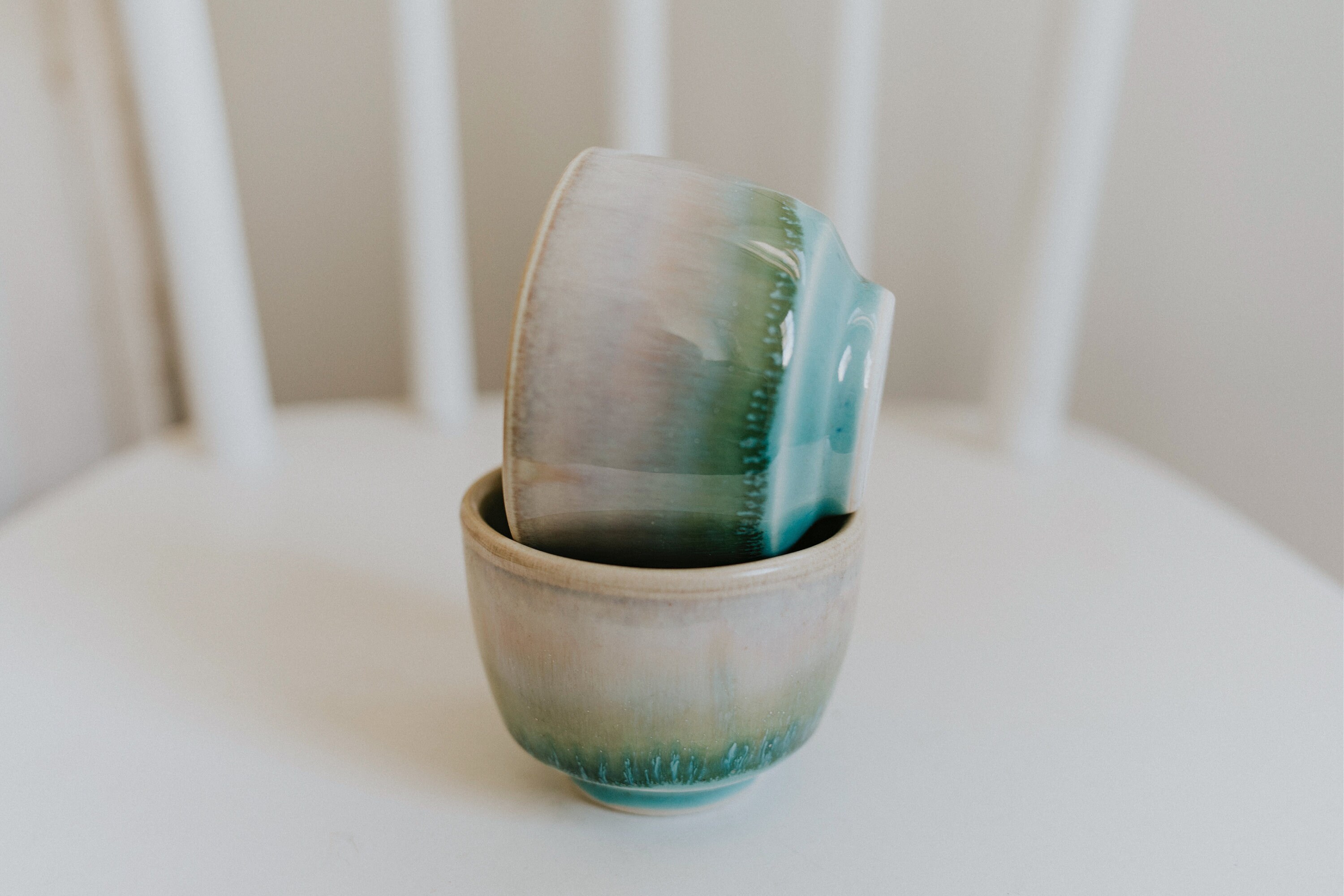 Set of 2 Japanese Style Handleless Tea Cups Blue Green Cream Pottery ...