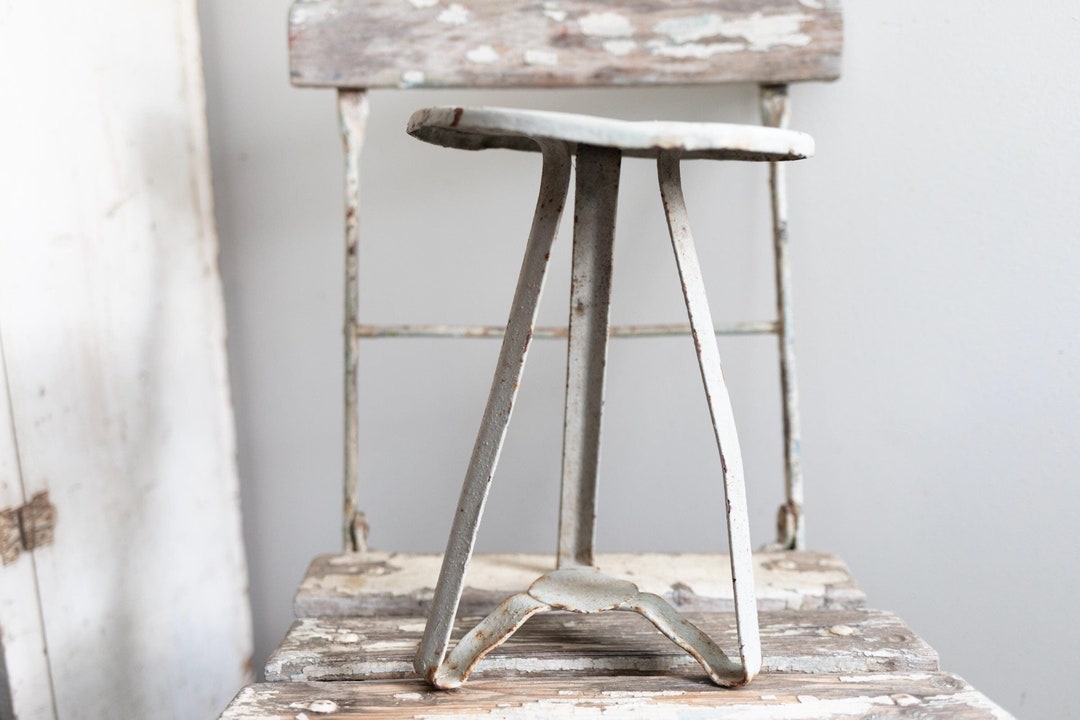 Rusty White Cast Iron Shop Stool | Vintage Rustic Metal Stool ...
