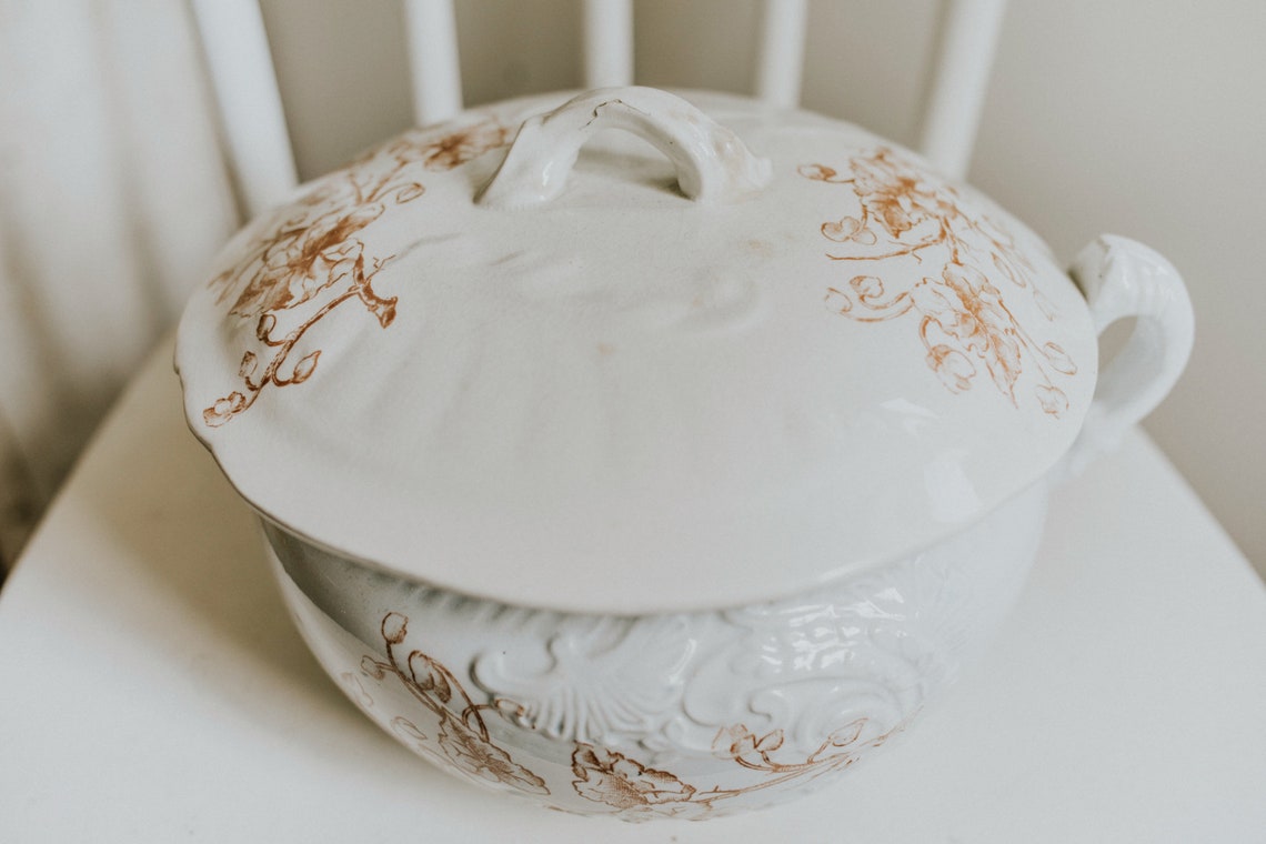 Antique Menelik Embossed Brown Transferware Ironstone Lidded Chamber ...