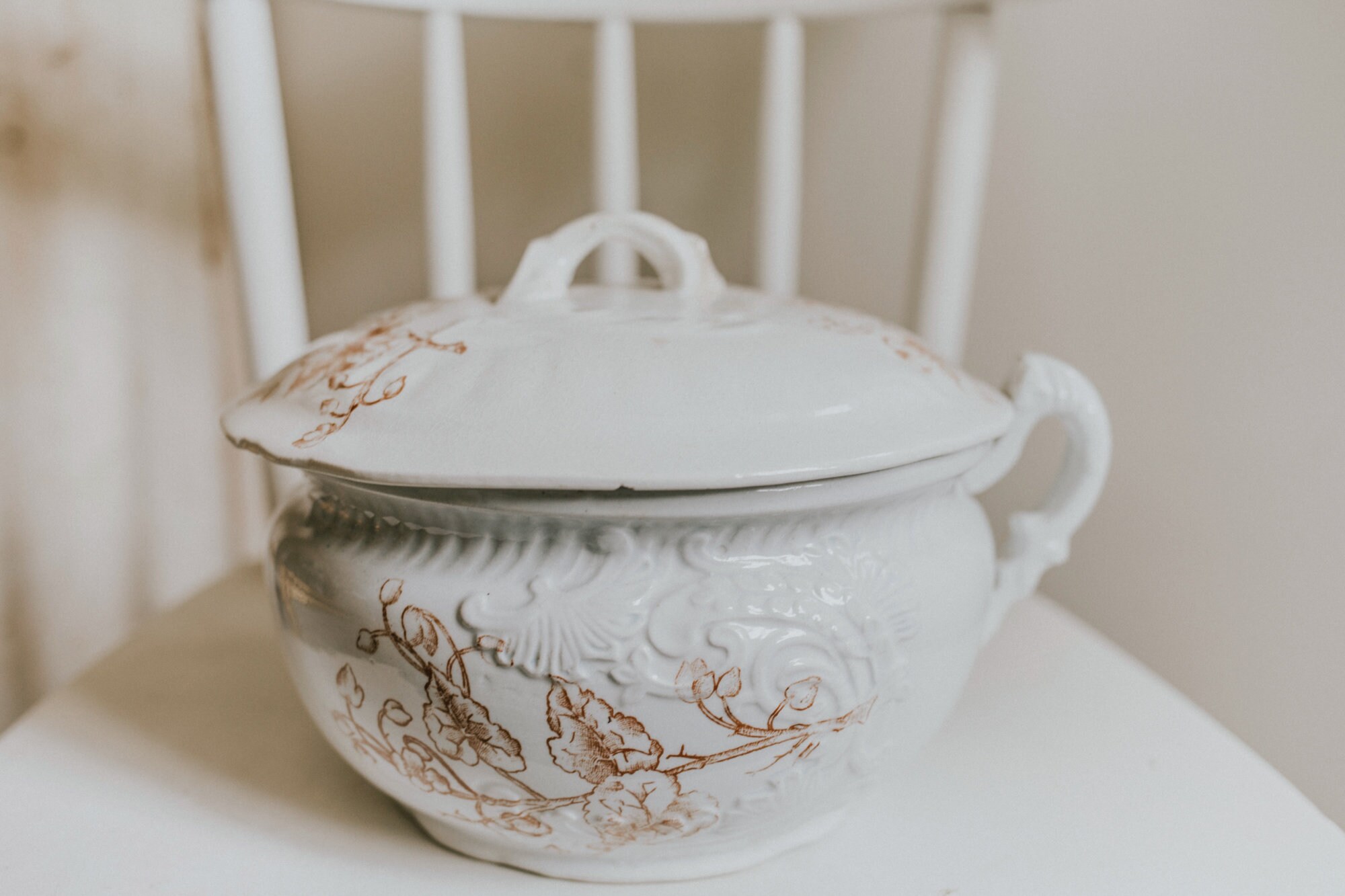 Antique Menelik Embossed Brown Transferware Ironstone Lidded Chamber ...