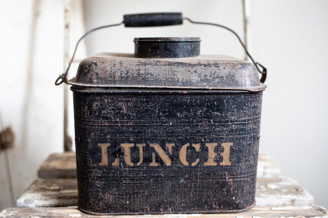 RARE Antique Toleware Miner's Railroad Tin Lunch Box With Wood Bale ...
