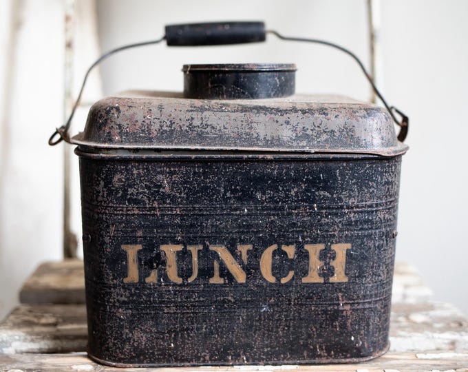 RARE Antique Toleware Miner's Railroad Tin Lunch Box With Wood Bale ...
