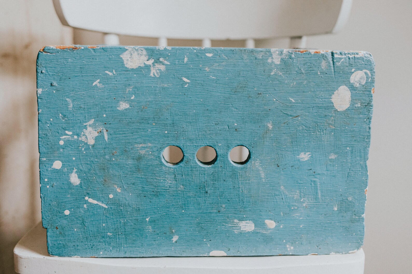 Large Vintage Handmade Blue Painted Wood Stool Heavy and Solid Wood ...