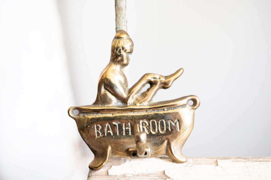 Vintage Solid Brass Bathroom Sign With Hook | Brass Lady in a Bathtub ...