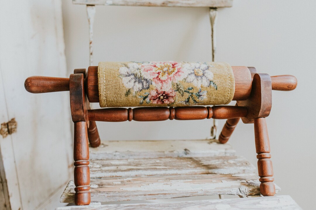 Vintage Wooden Rolling Pin Foot Rest | Solid Wood Tapestry Foot Stool ...