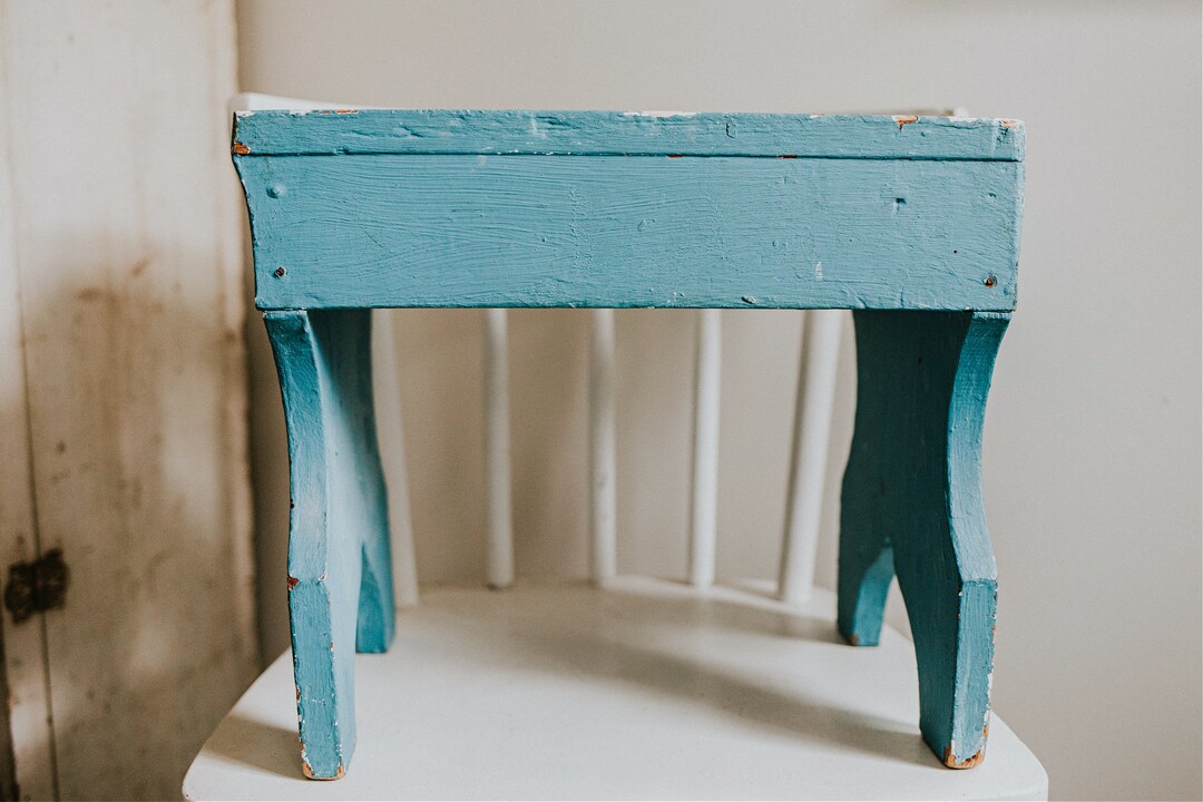 Large Vintage Handmade Blue Painted Wood Stool Heavy and Solid Wood ...