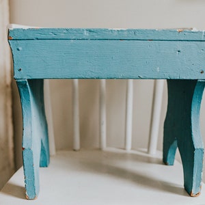 Large Vintage Handmade Blue Painted Wood Stool Heavy and Solid Wood ...