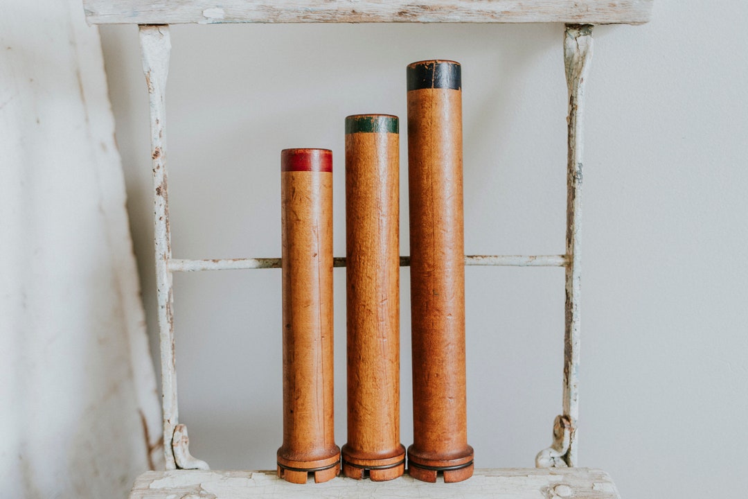 Vintage Wood Industrial Textile Bobbin Spools | Primitive Multi-color ...