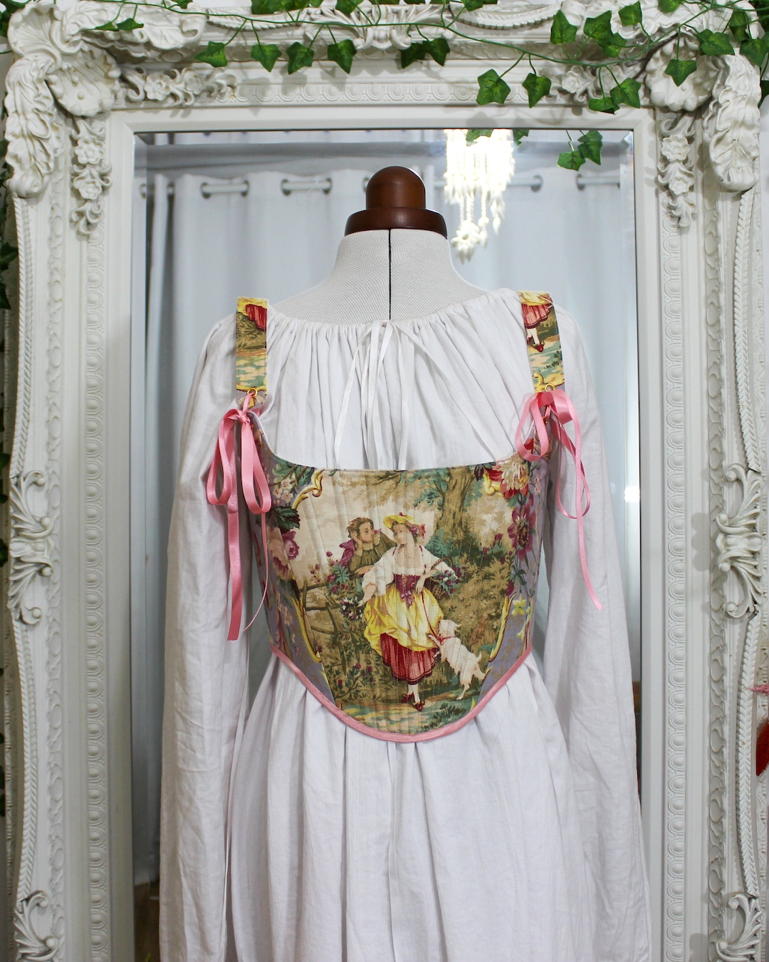 Toile De Jouy Lilac and Pink Linen Corset Made to Order Vintage ...