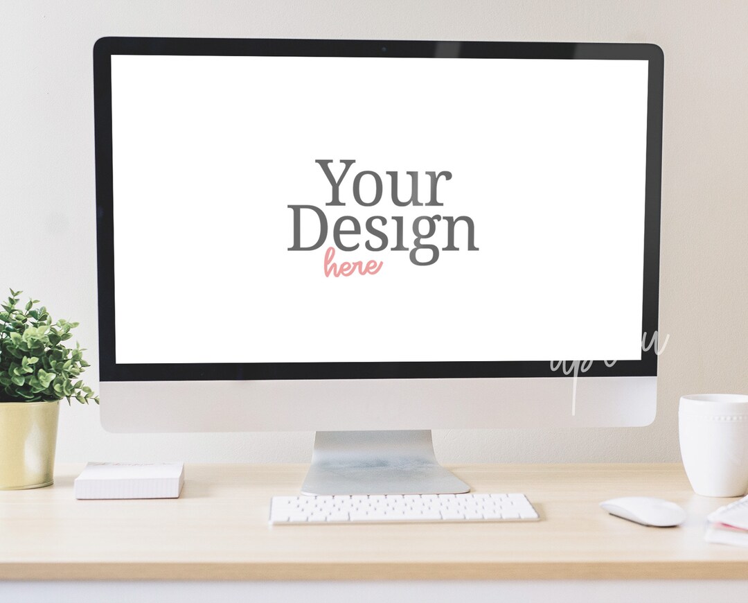 Monitor Mock Up, Monitor Mock up on Desk With Mug and Plant, Computer ...