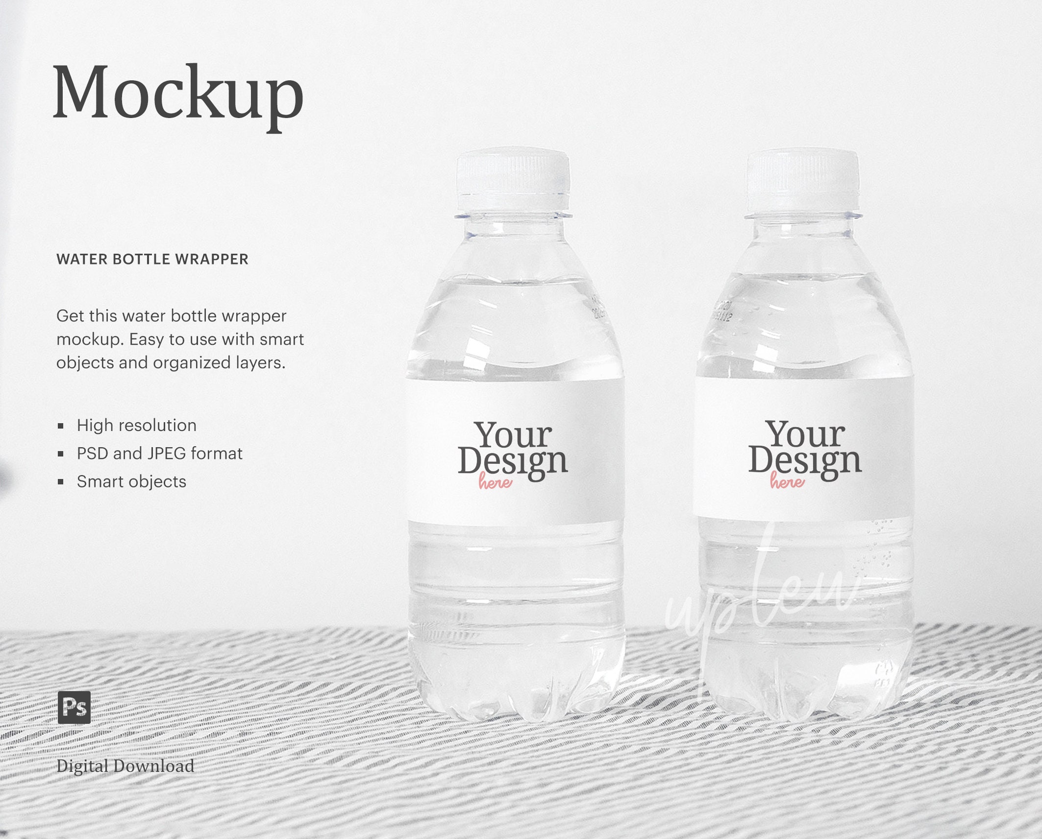 Water Bottle Wrapper Mockup, Water Bottle With Stiped Tablecloth Mockup ...