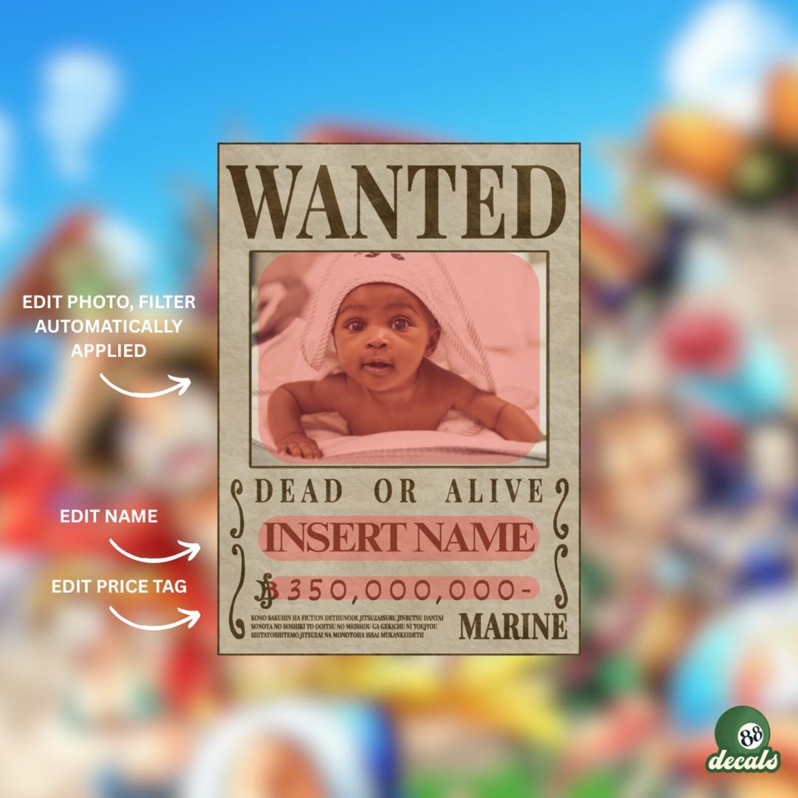 Customizable Wanted Poster Template, Editable One Piece Anime Inspired ...