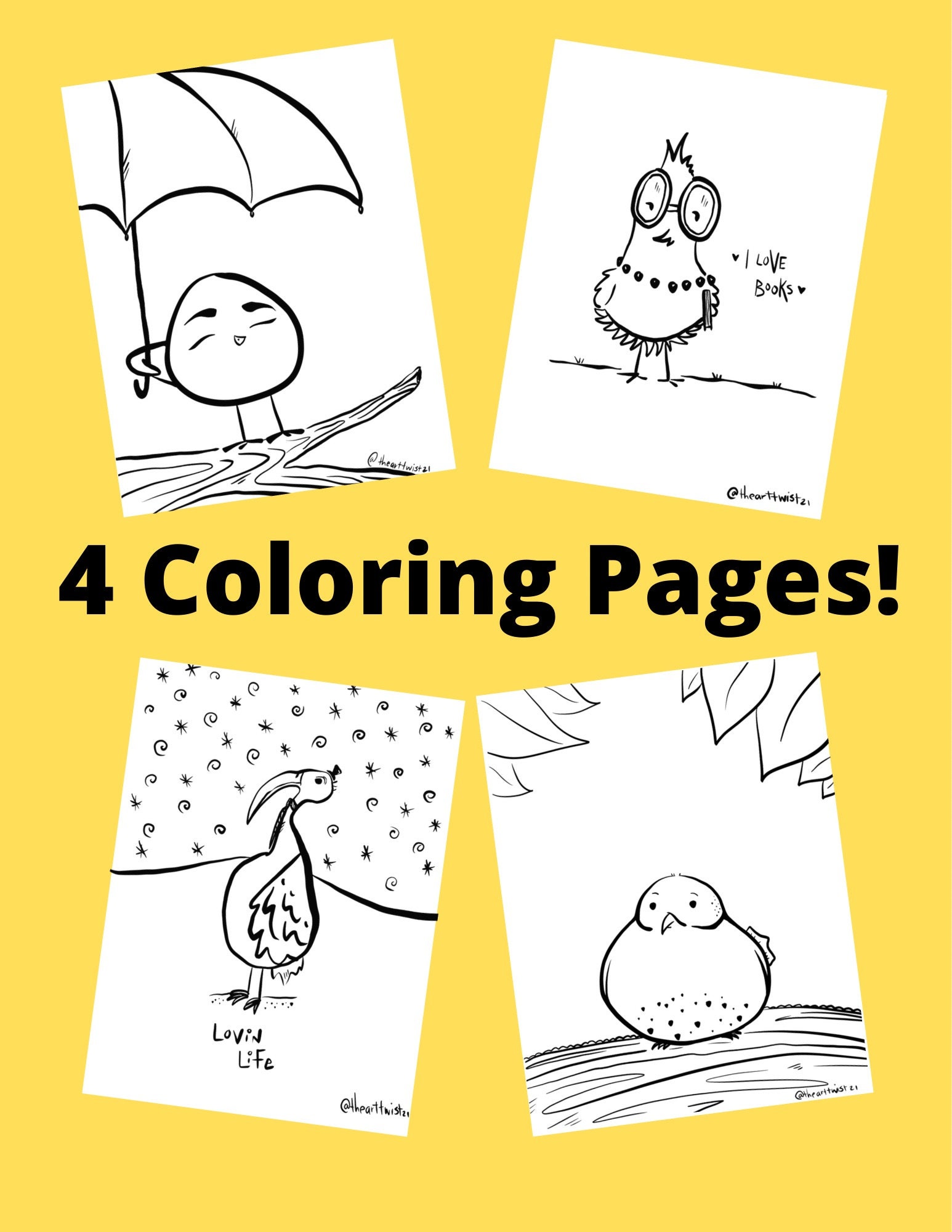 Funky Birds Coloring Book L 4 Pages L Digital Download - Etsy