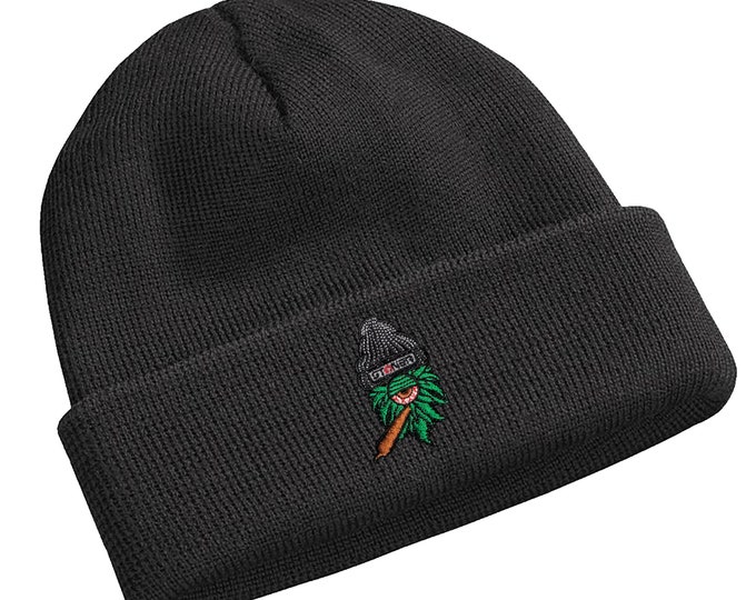 Cannabis Embroidery Beanie, Hat for Stoners, Marijuana Stitched, Winter ...