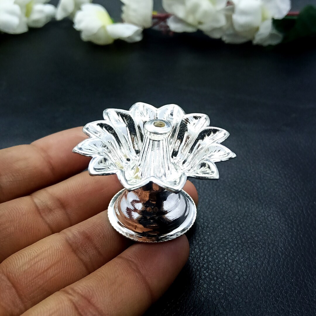 Silver Puja Article, Silver Home Temple Utensils, Lotus Diya, Handmade ...