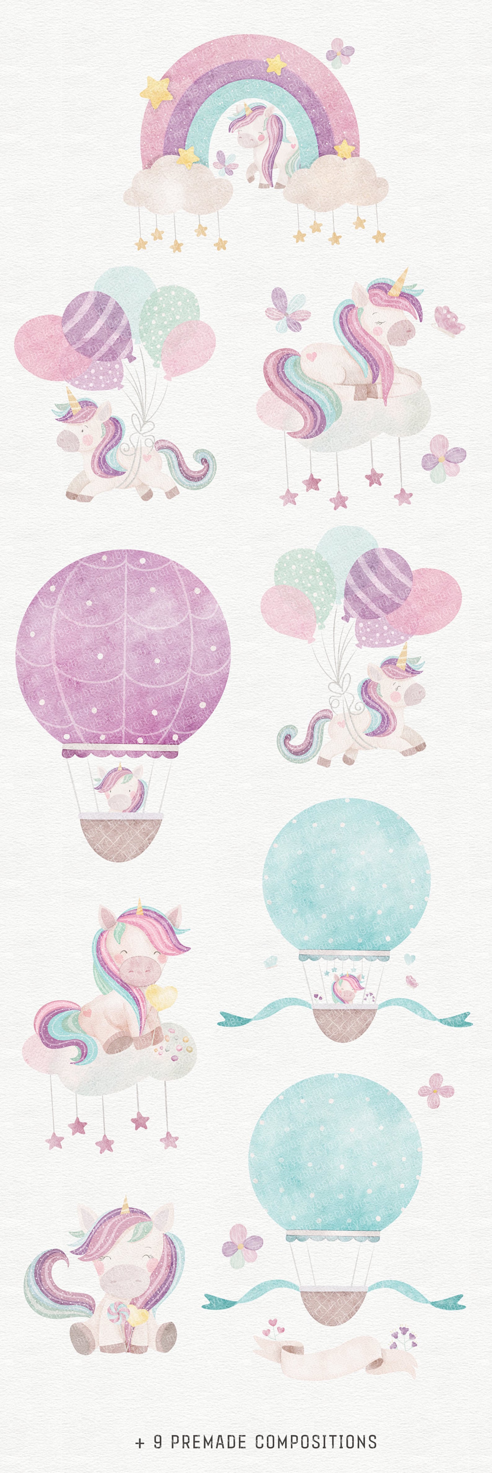 Cute Watercolor Unicorn Clipart Bundle Set, Rainbow , Magic Unicorn ...