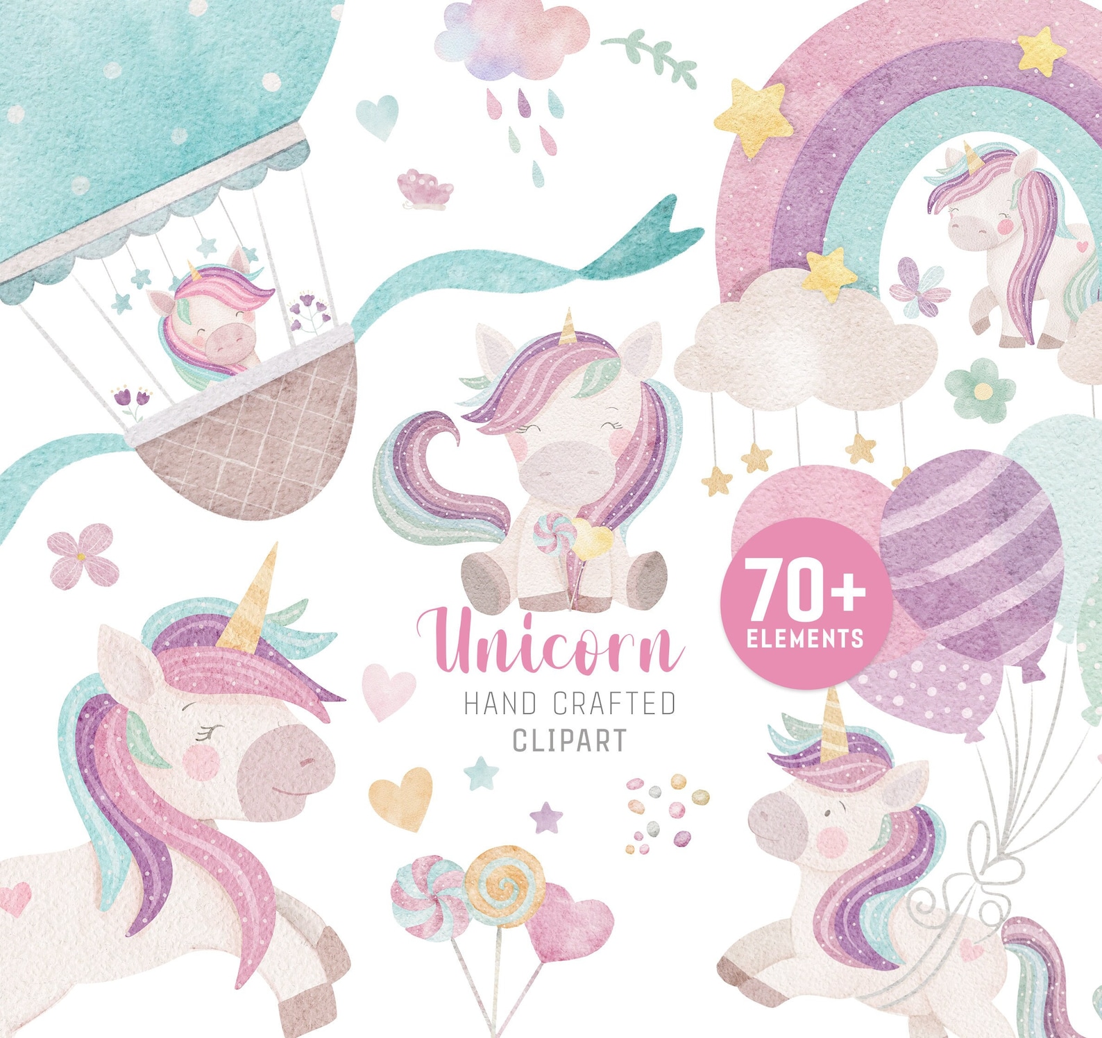 Cute Watercolor Unicorn Clipart Bundle Set, Rainbow , Magic Unicorn ...