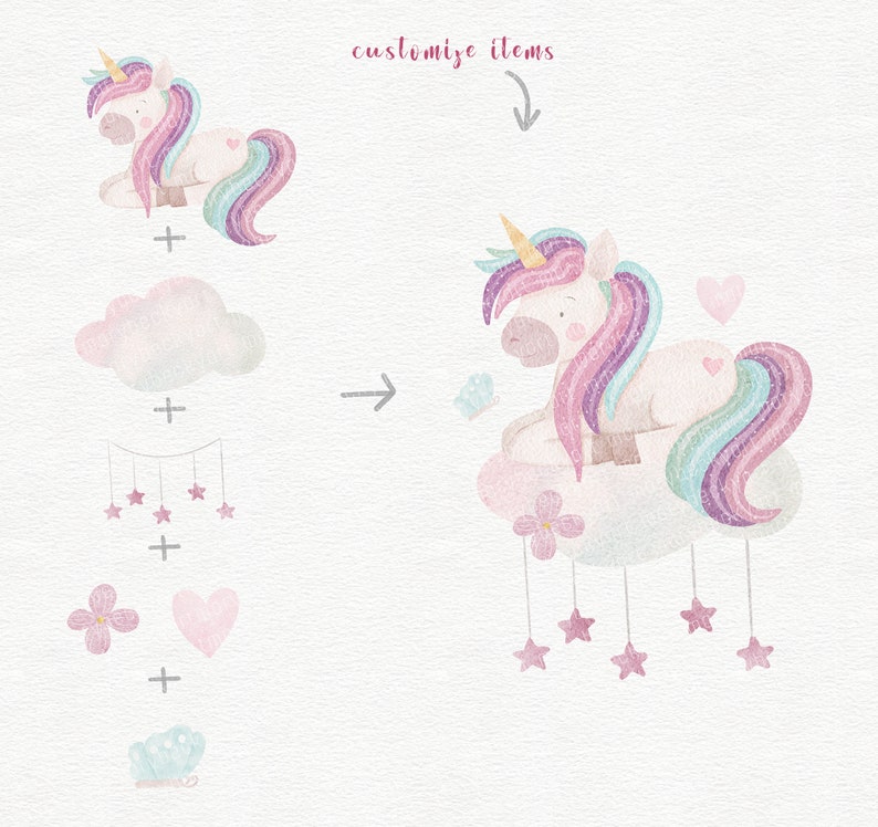 Cute Watercolor Unicorn Clipart Bundle Set, Rainbow , Magic Unicorn ...