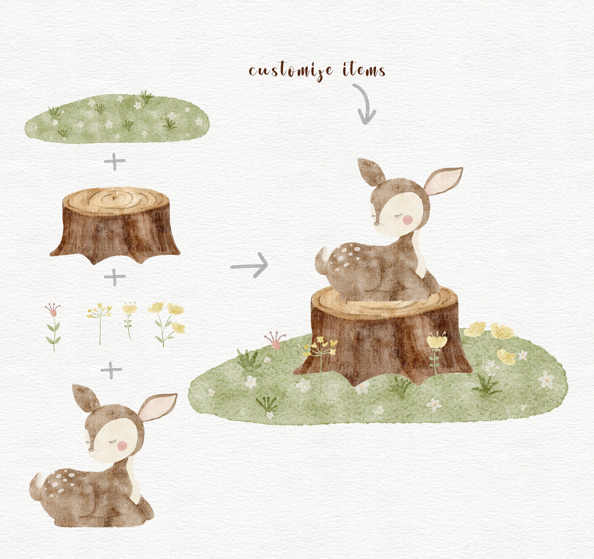 Baby Deer Watercolor Clipart Set 100 + Png - Hand Painted Animals ...
