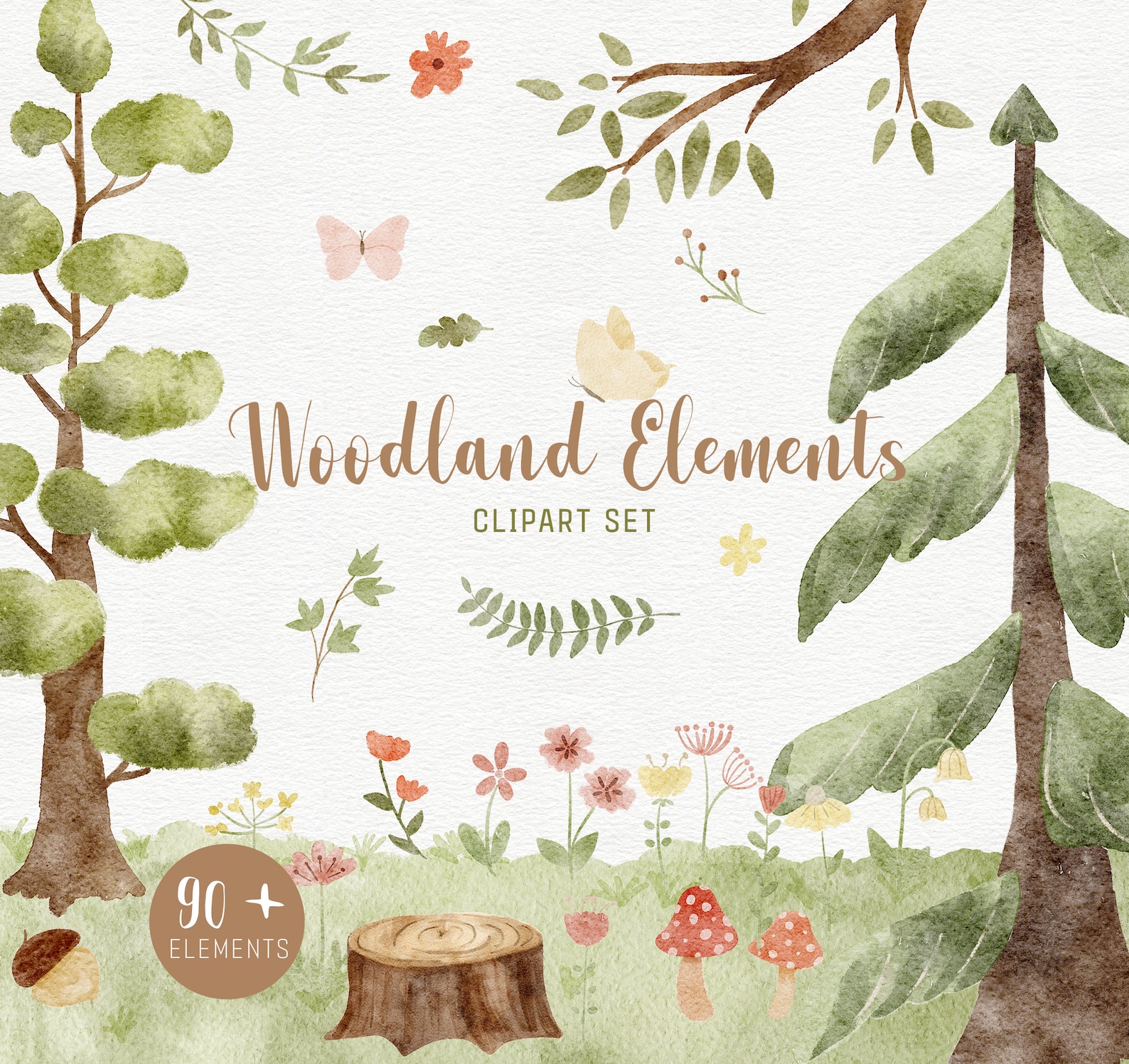 Watercolor Woodland Scenery Bundle Clipart Set 90 Png - Watercolor ...