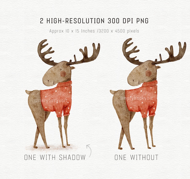 Watercolor Moose PNG - Hand Painted Winter Moose, Clipart, Commercial ...