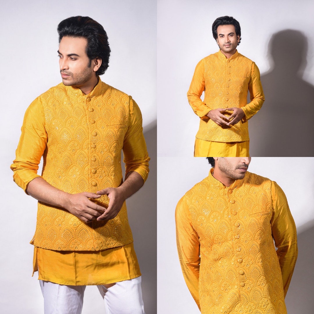 Men Haldi Outfit/ Indian Groom Haldi Kurta Pajama Jacket - Etsy