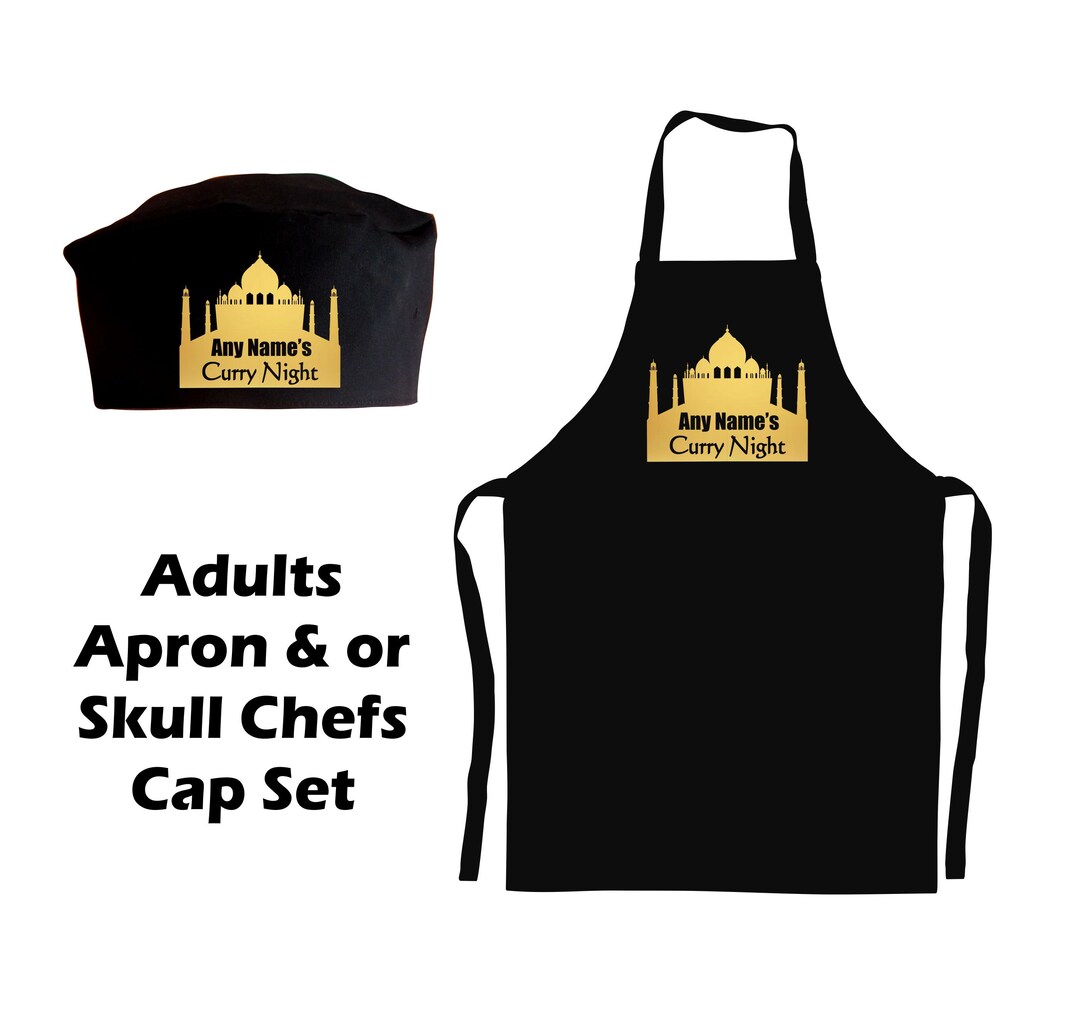 Personalised Curry Night Indian Print Gold on a BLACK Adults Apron ...