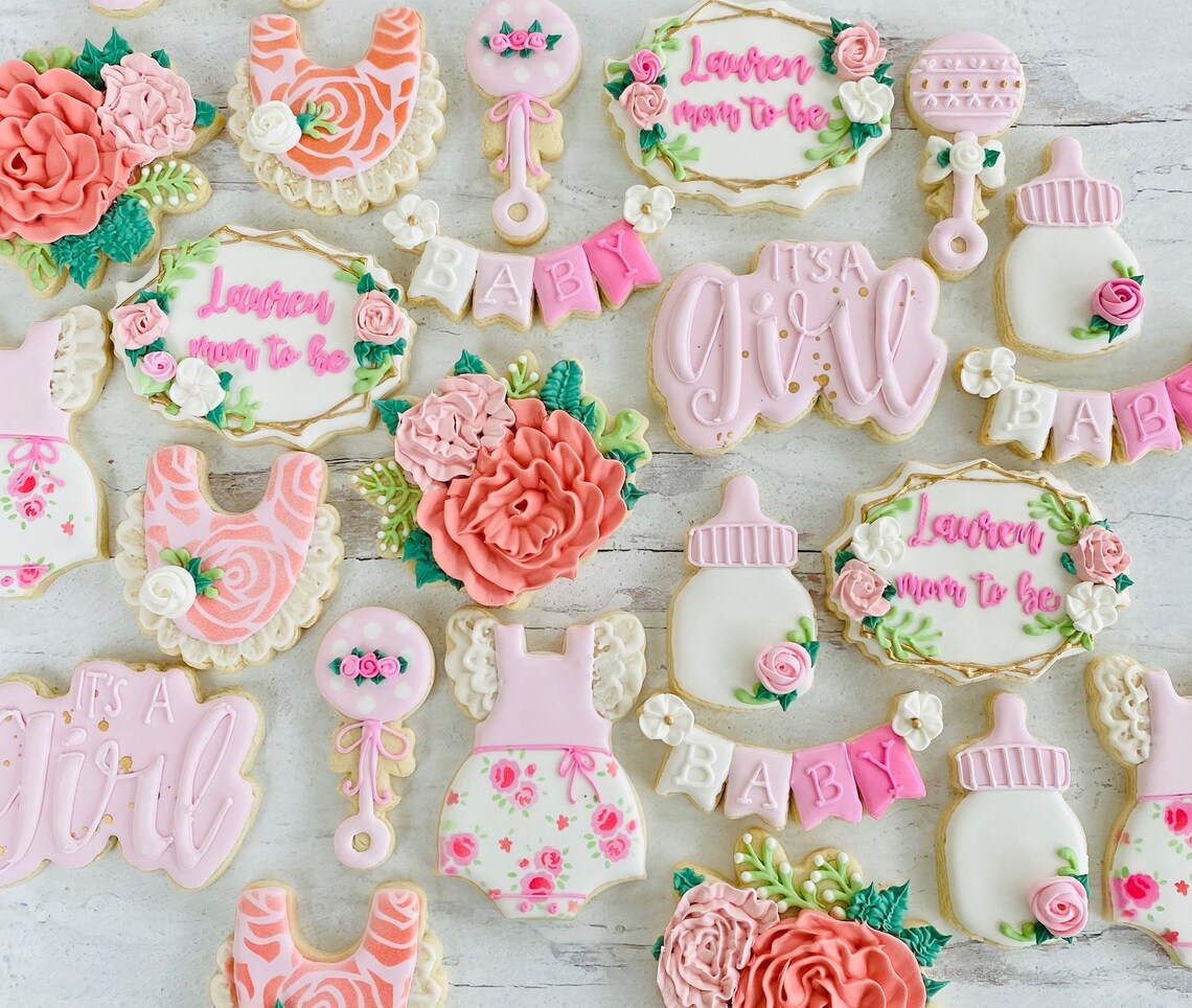 Pink Baby Shower Cookies It's a Girl Onesies Bibs - Etsy