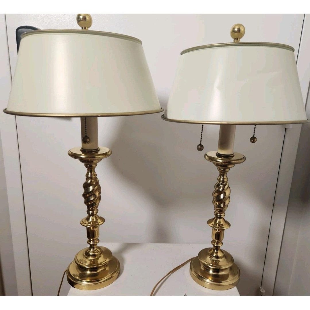 Pair Vintage Bombay Sunlit Toleware Lamps Spiral Brass Metal Shades ...