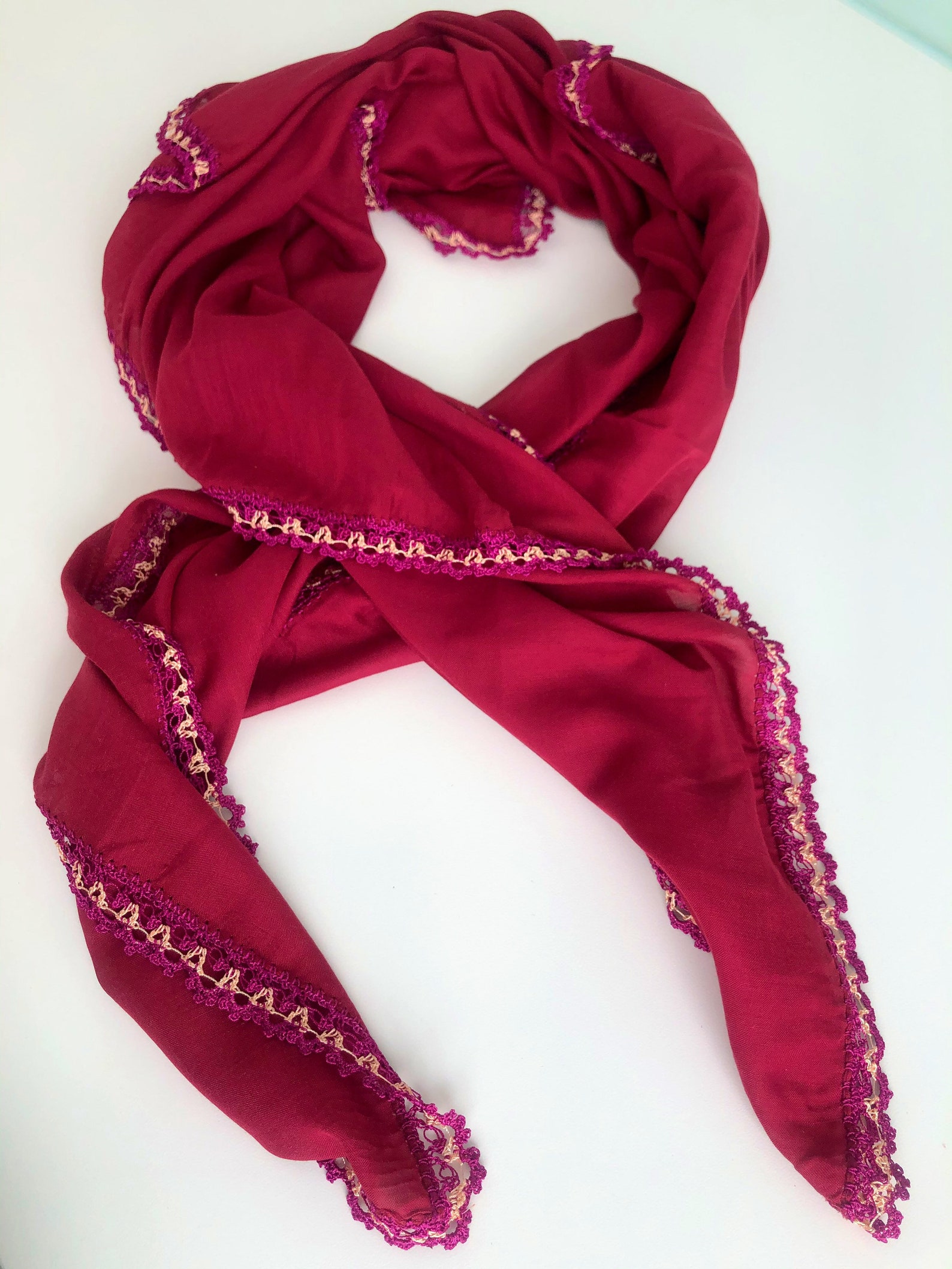 Traditional Claret Red Foulard | Floral Kerchief | Handcraft Needle ...