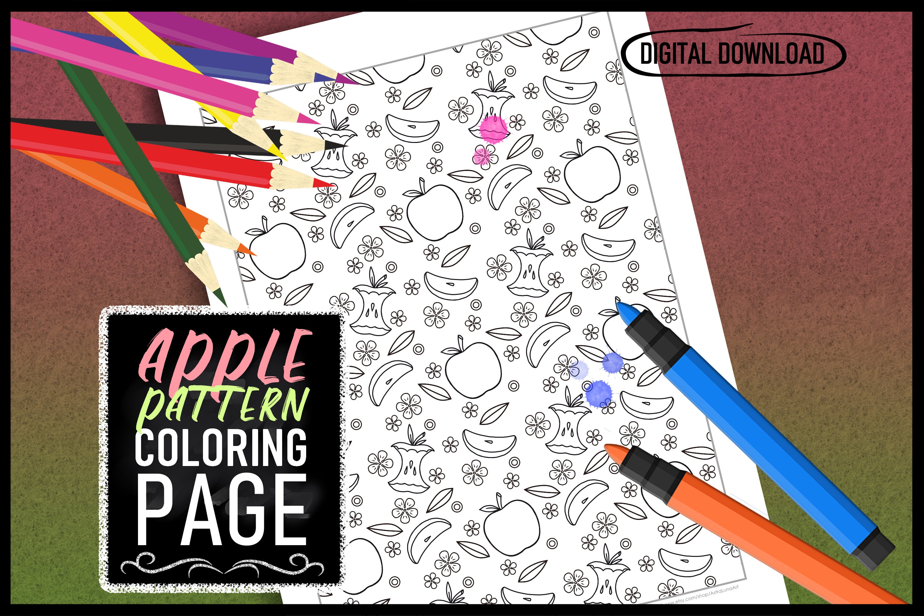 Apple Fruit Pattern, Digital Coloring Page, Home Printable, All-ages ...