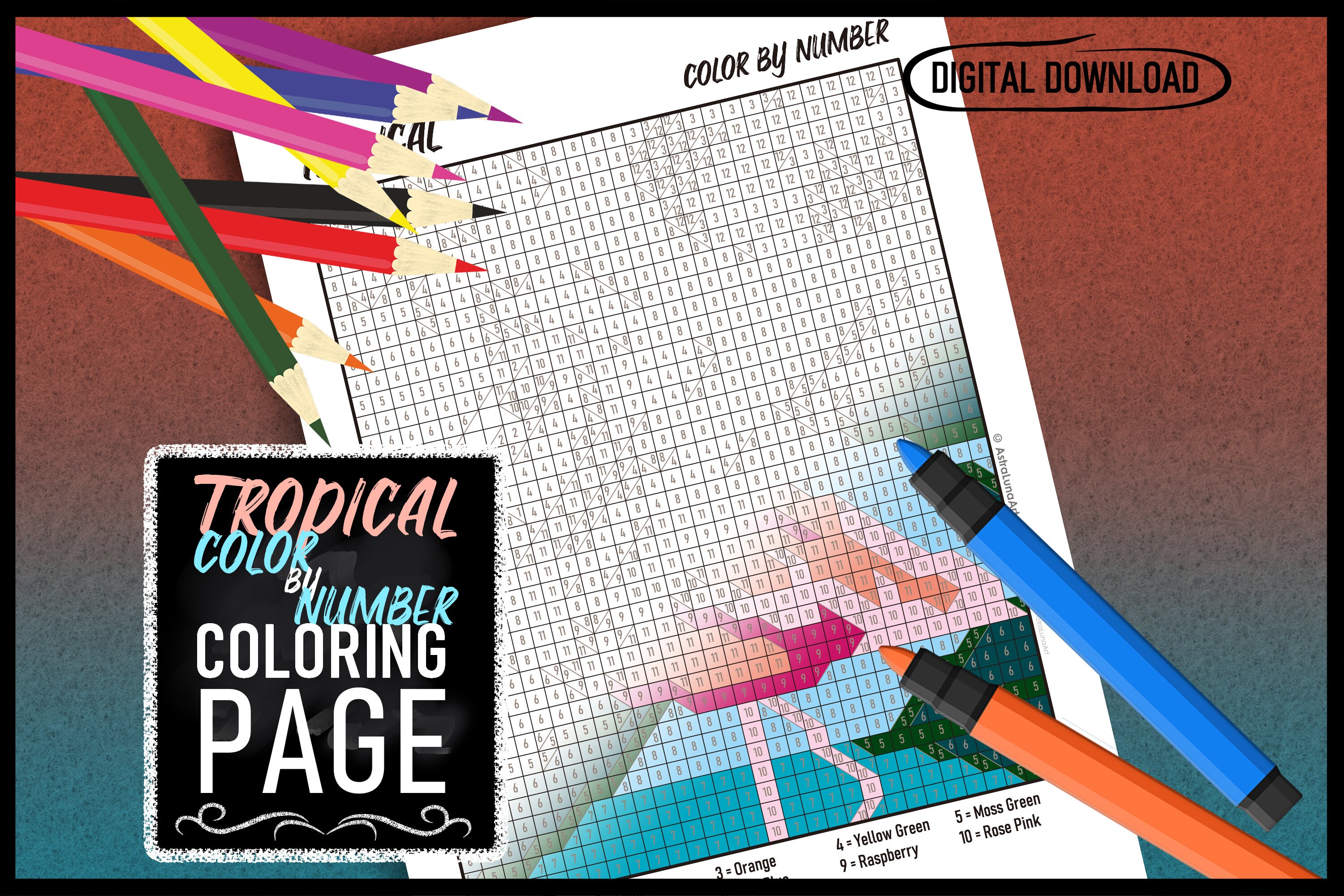 Tropical Color by Number Digital Coloring Page Printable - Etsy