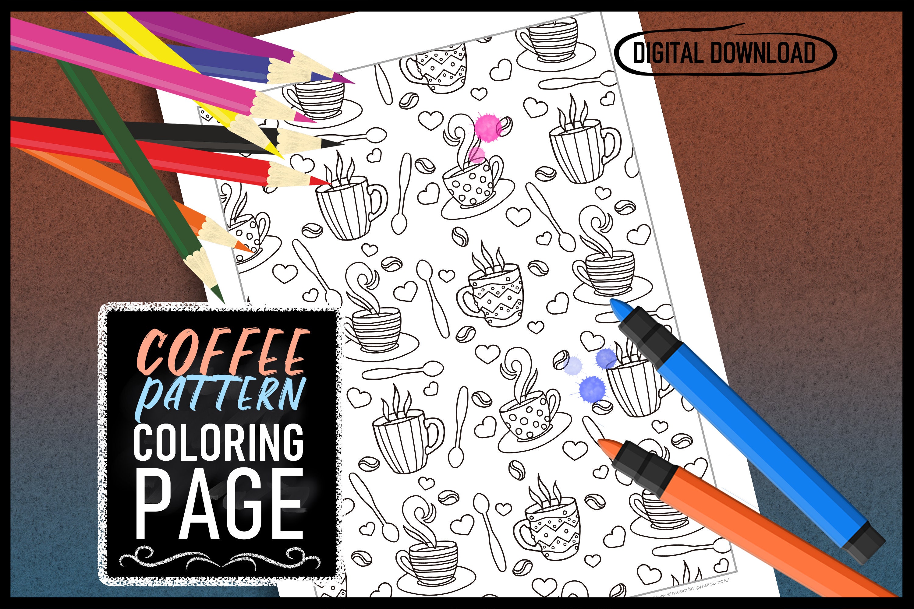Coffee Pattern, Digital Coloring Page, Printable, All-ages Coloring ...