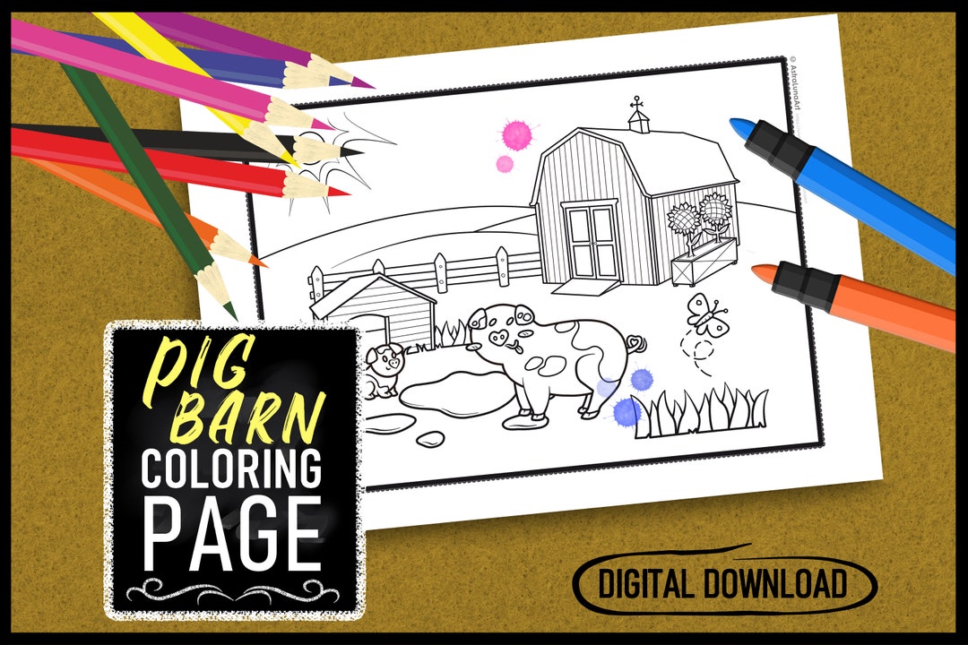 Pig Barn Digital Coloring Page All-ages Coloring Farm Life - Etsy