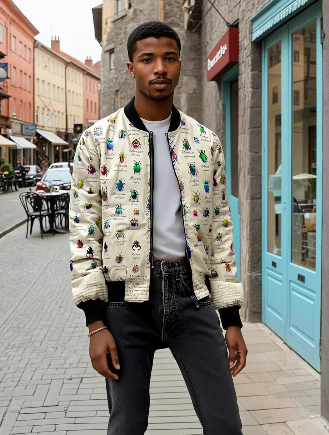 Colorful Beetle Botanical Print Mens Bomber Jacket, Unique Outdoor Wear ...