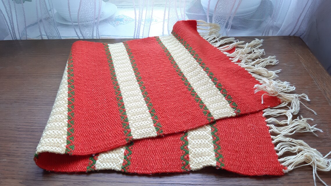 Vintage Handwoven Wool Table Runner Table Mat Red Beige | Etsy