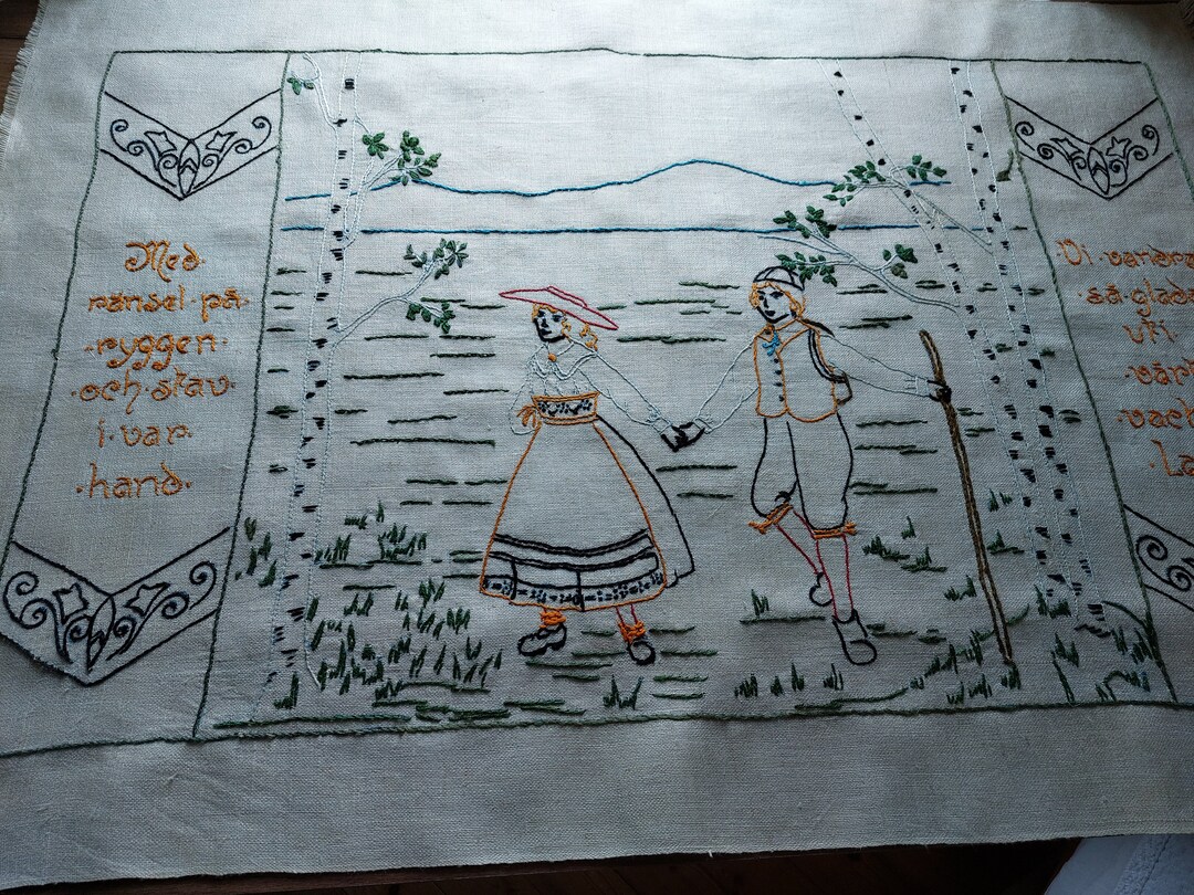 Vintage Swedish Hand Embroidered Linen Wall Hanging, Scandinavian ...