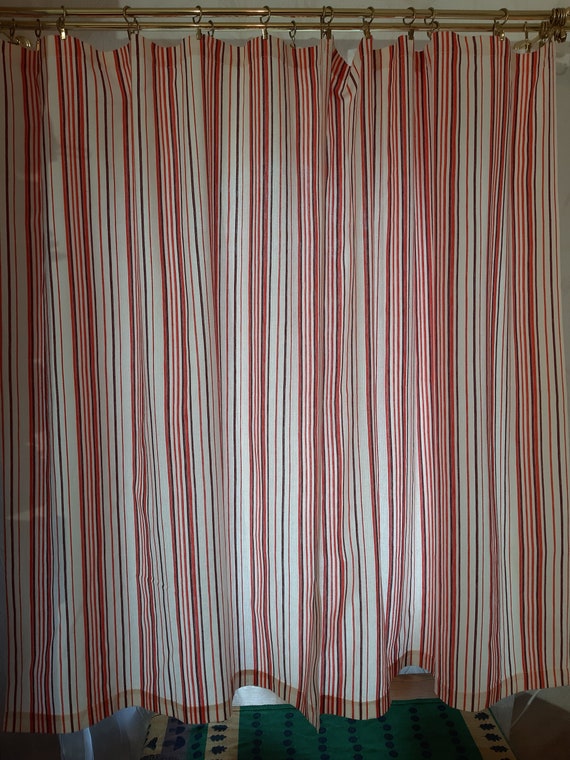 2 Pieces Striped White Red Woven Cotton Vintage Curtains - Etsy