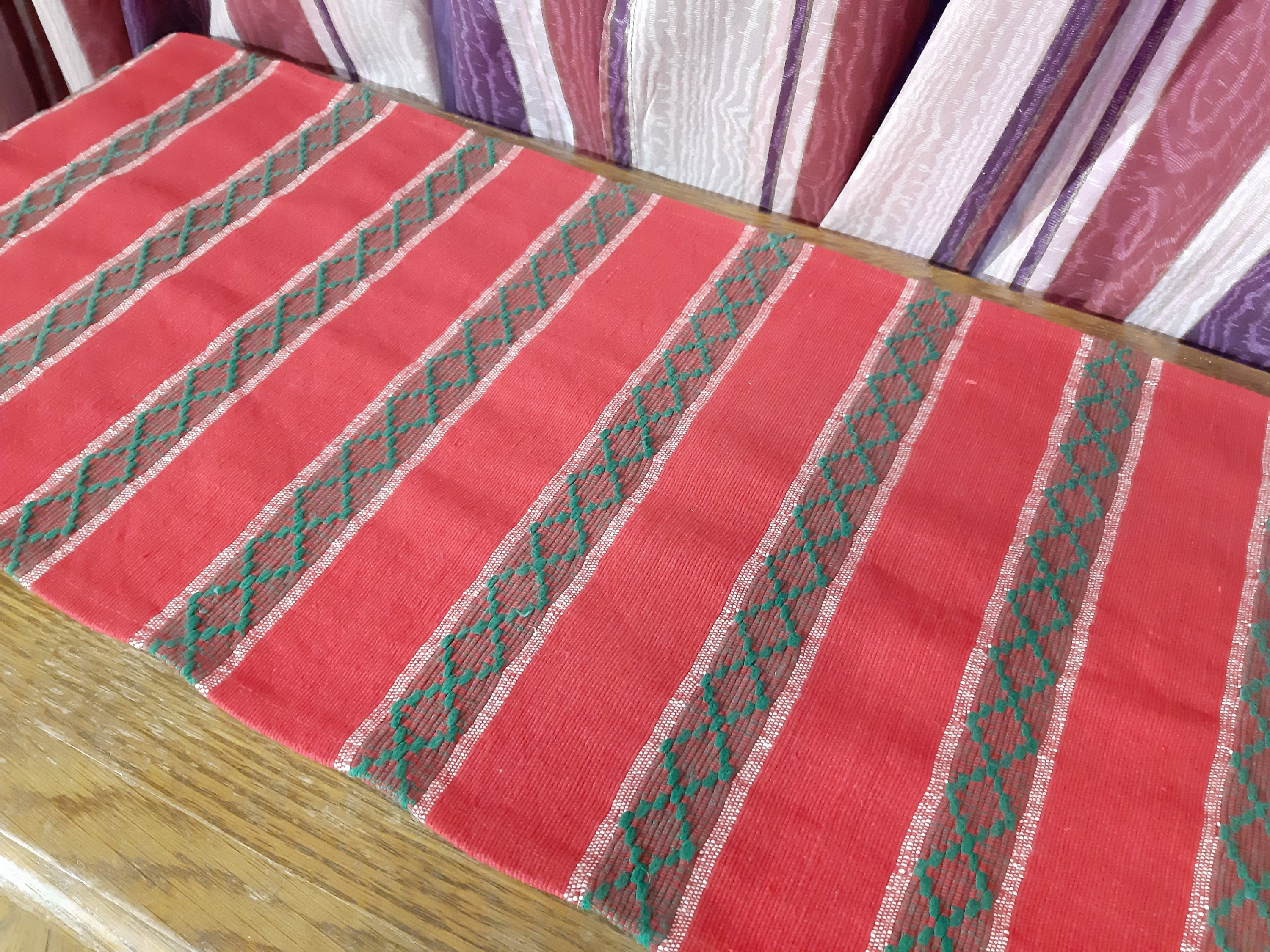 Vintage Woven Red Green Table Runner, Cotton Table Runner, Vintage ...