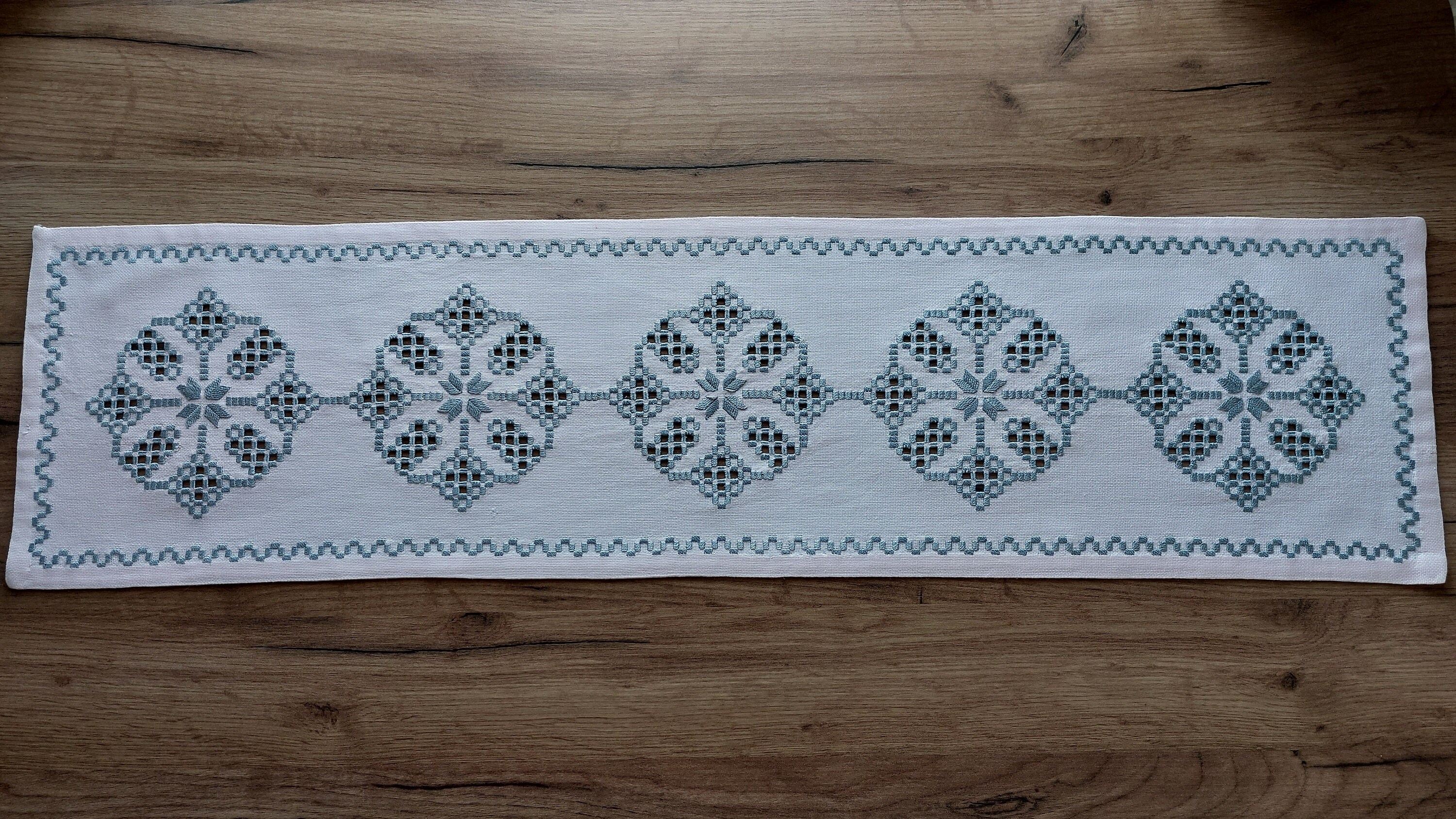 Vintage Hardanger Embroidered Cotton Table Runner, Light Pink With Gray ...