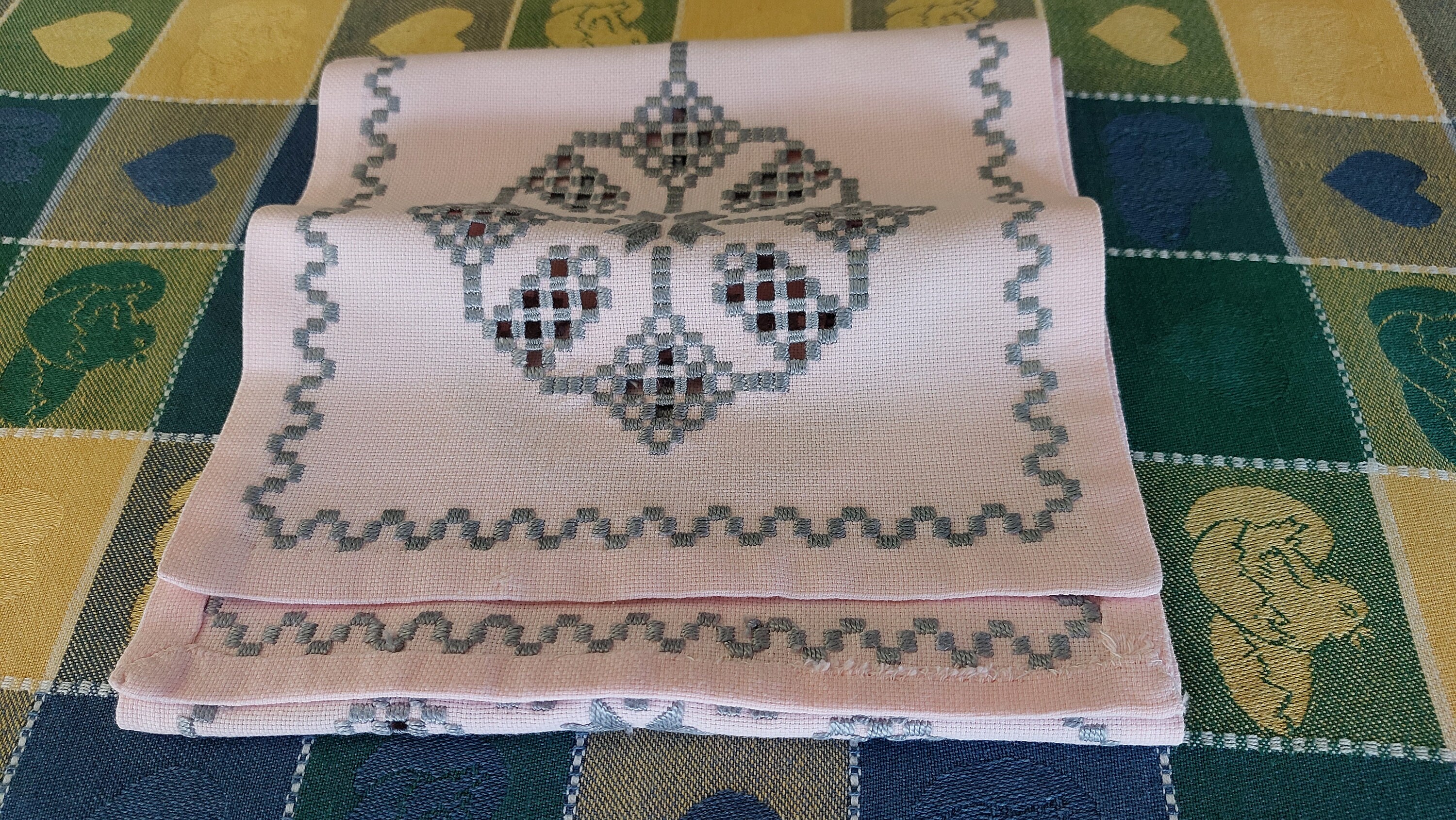Vintage Hardanger Embroidered Cotton Table Runner, Light Pink With Gray ...