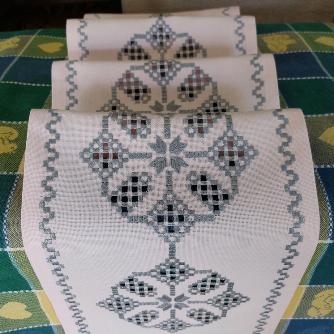 Vintage Hardanger Embroidered Cotton Table Runner, Light Pink With Gray ...