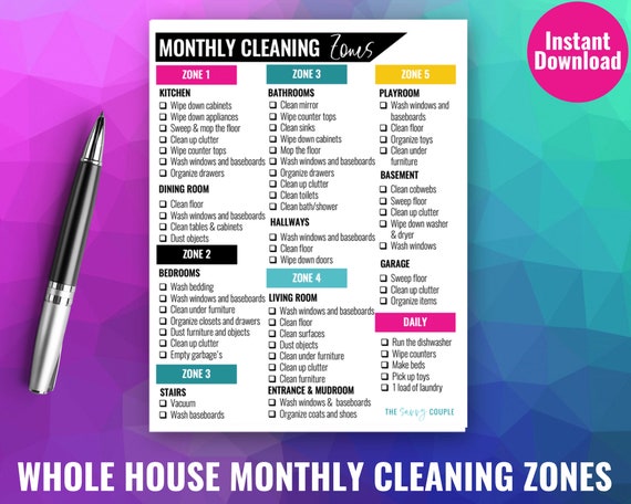 Cleaning Zones Printable Monthly Cleaning Printable Daily | Etsy