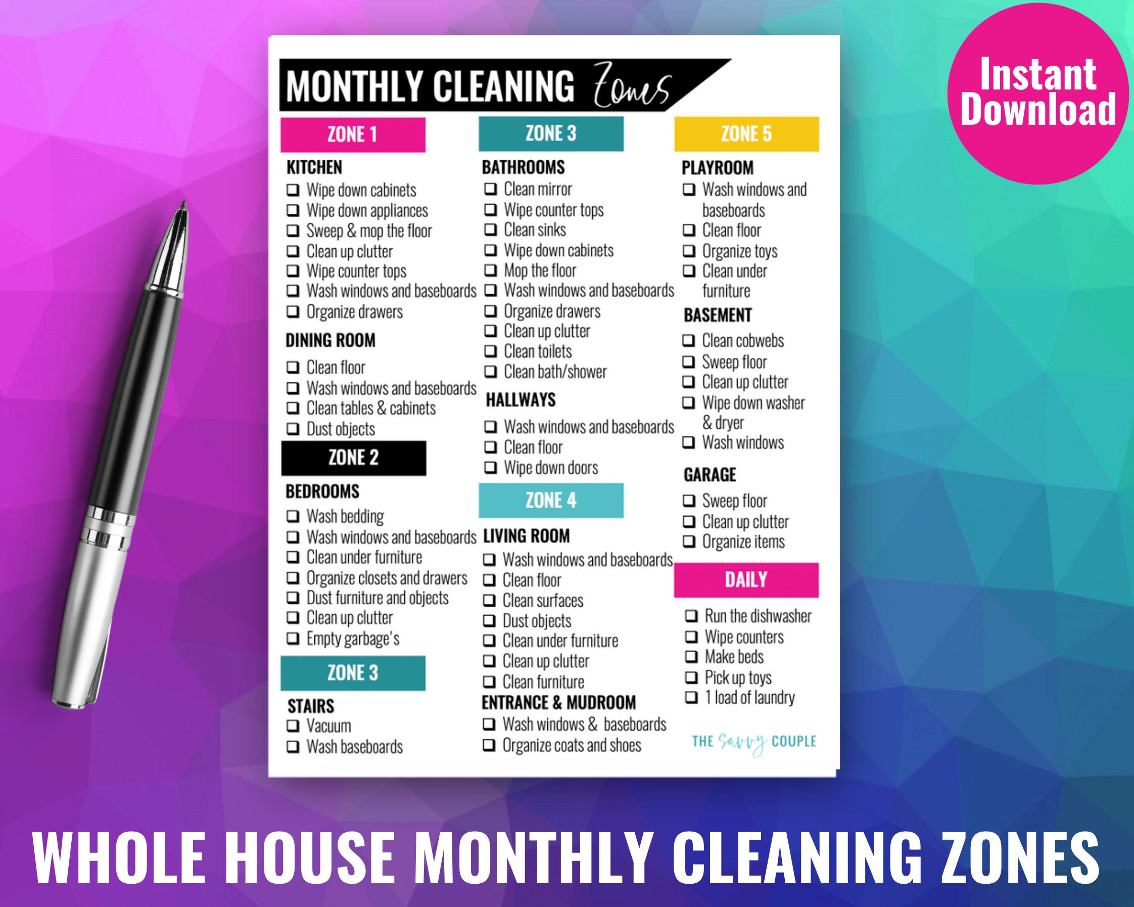 Cleaning Zones Printable Monthly Cleaning Printable Daily | Etsy
