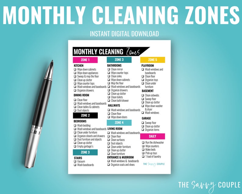 Cleaning Zones Printable, Monthly Cleaning Printable, Daily Cleaning ...