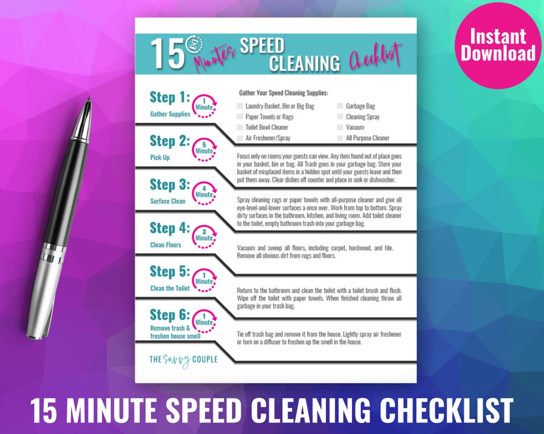 Cleaning Checklist Instant Download | 15 Minute Speed Clean, Cleaning ...