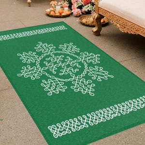 Pooja Decoration, Rangoli Mat Green Area Rug, Mandir Mat, Puja Backdrop ...