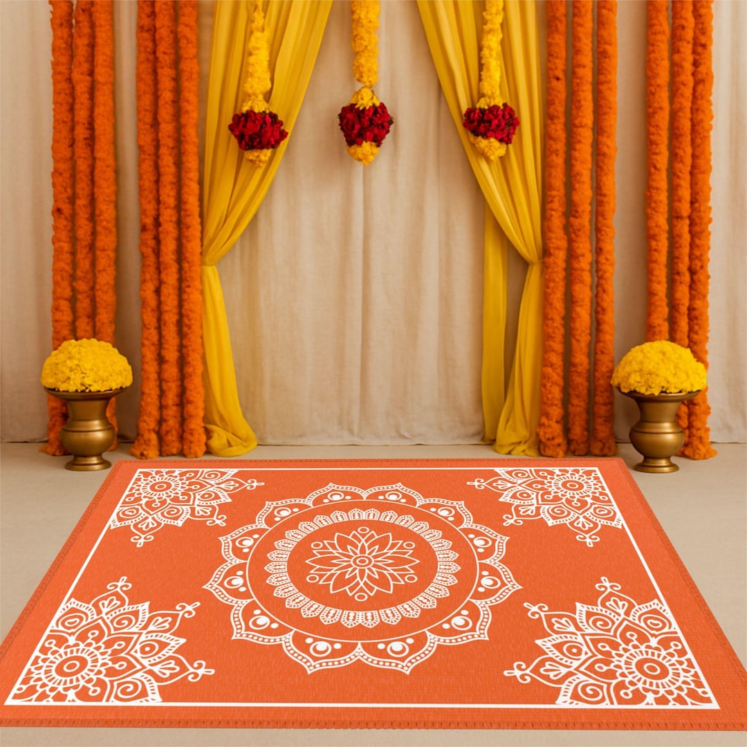 Pooja Decoration, Rangoli Mat Orange Area Rug, Mandala Mandir Mat ...