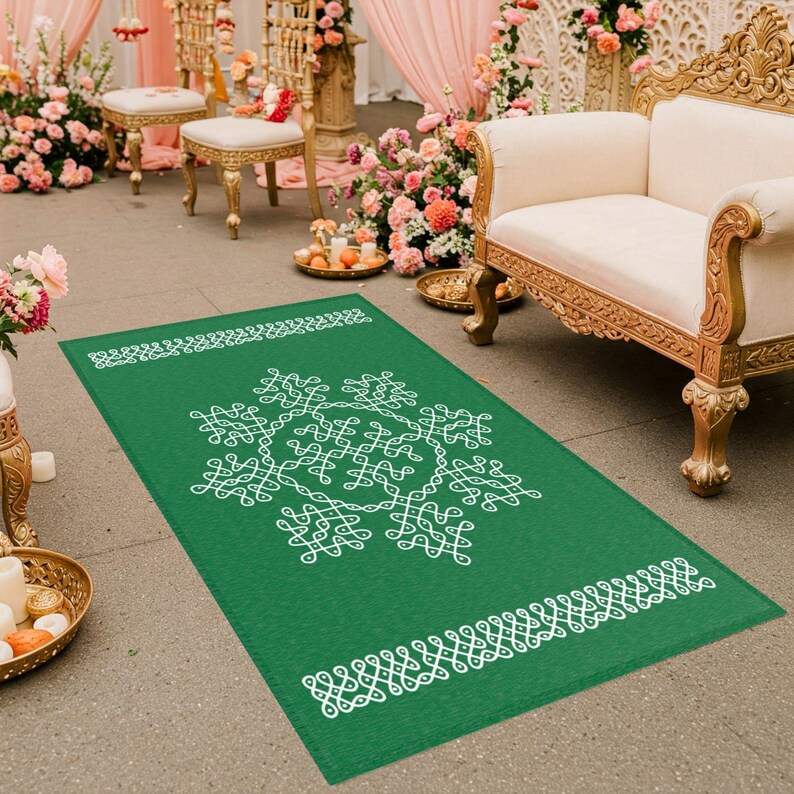 Pooja Decoration, Rangoli Mat Green Area Rug, Mandir Mat, Puja Backdrop ...