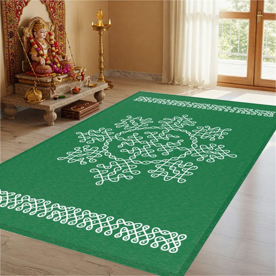 Pooja Decoration, Rangoli Mat Green Area Rug, Mandir Mat, Puja Backdrop ...